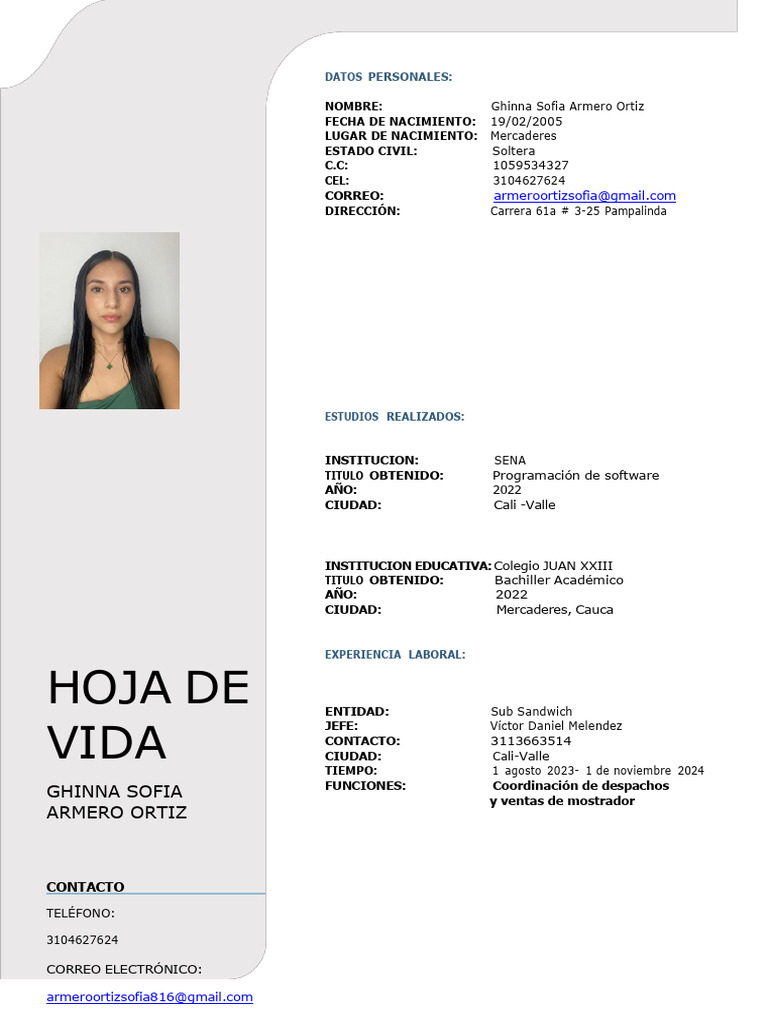 Hoja de Vida Ghinna Sofia Armero Ortiz | PDF