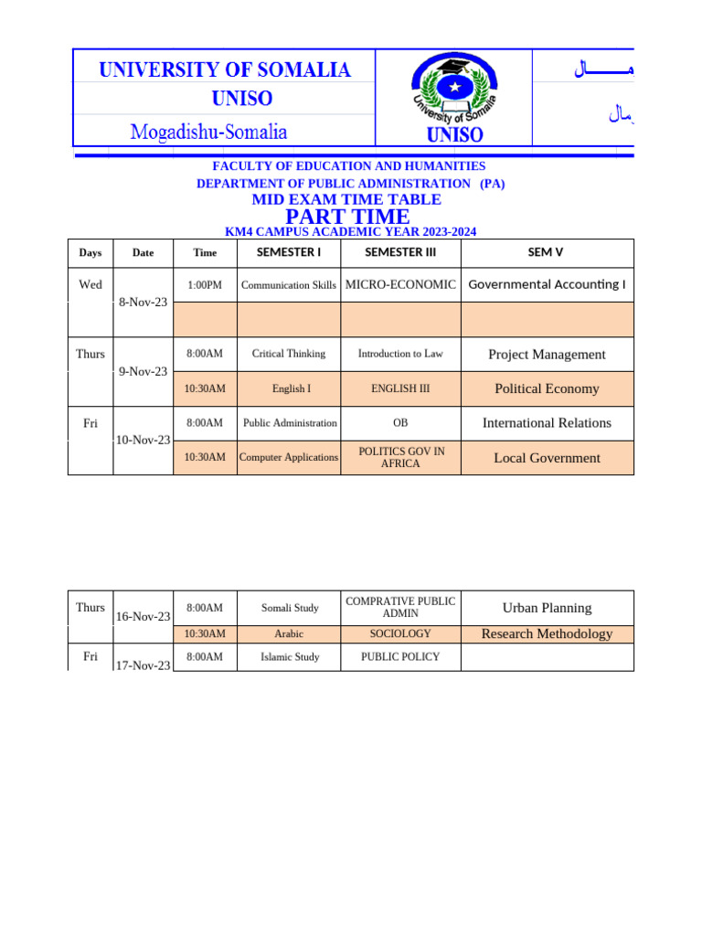 Pa Mid Exam Time Table PT | PDF