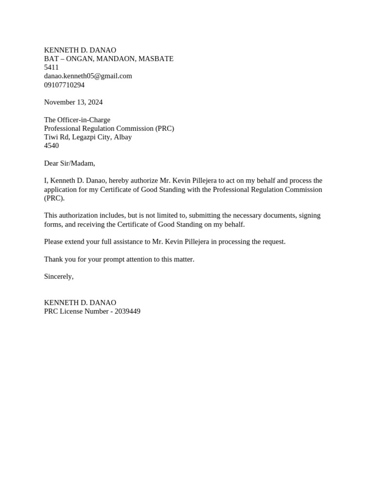 Authorization Letter - PRC | PDF | Law