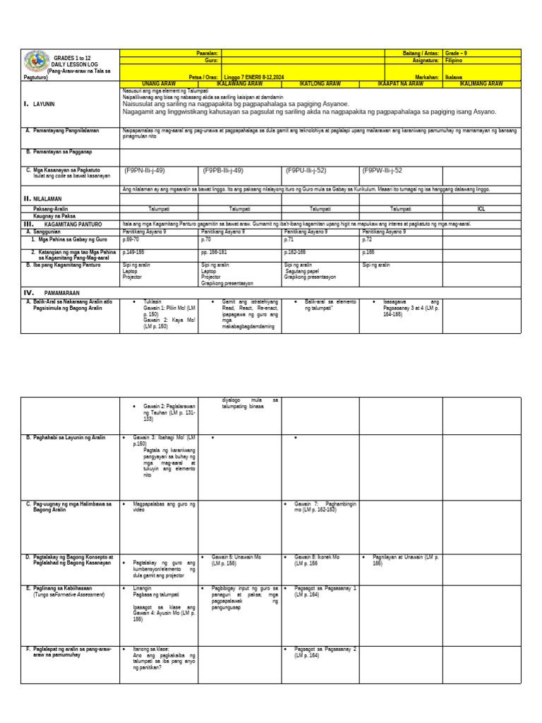 DLL - FILIPINO 9 2ngd Grading (Topic 5) | PDF