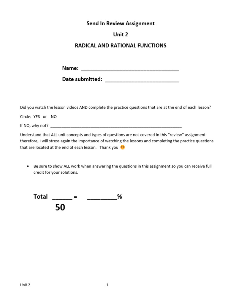 Unit 2 Review: Radical & Rational Functions | PDF | Asymptote ...