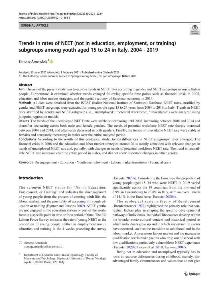 Trends in Rates of NEET (Not in Education, Employment, or Training ...