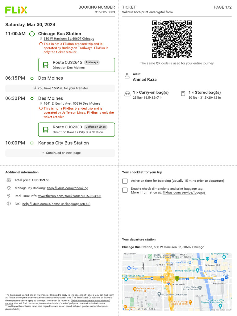 FlixBus Ticket Details: Chicago to Dallas | PDF | Transport | Bus Transport