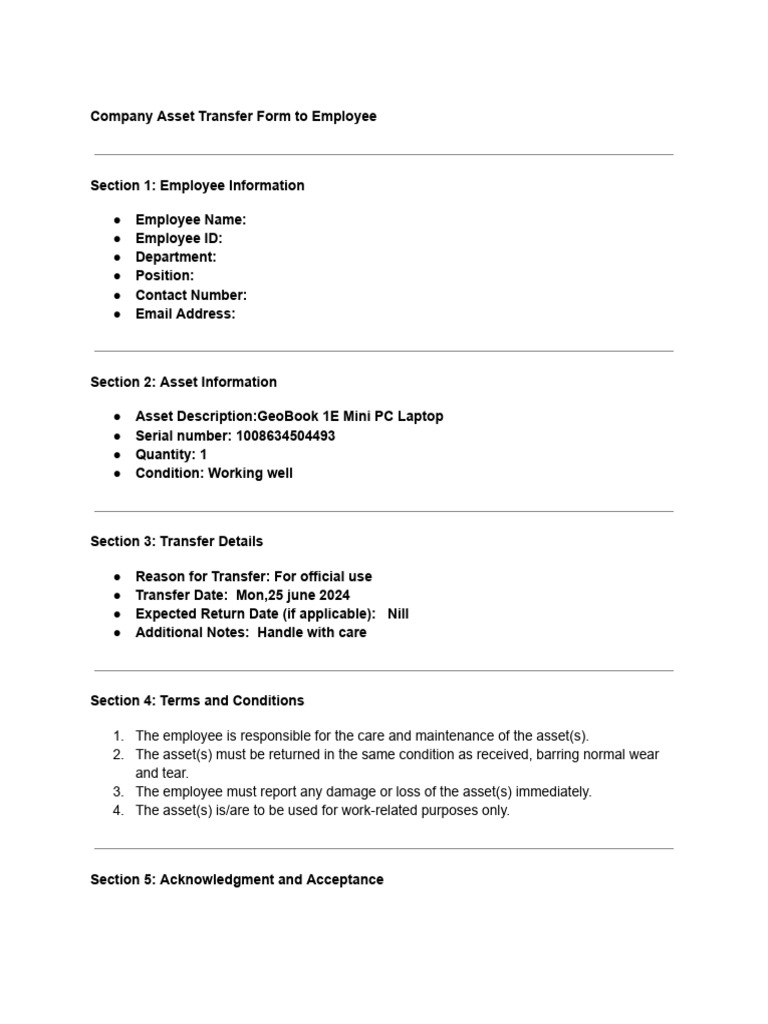Employee Asset Transfer Form | PDF