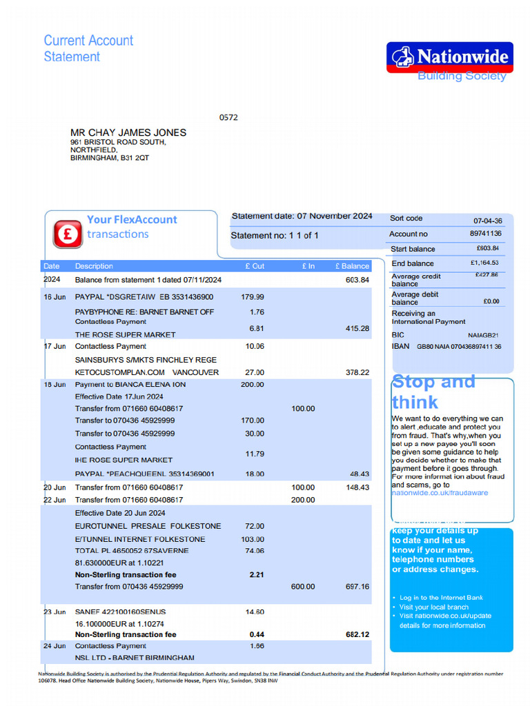 UK Nationwide Bank Statement 28 10 2024 | PDF