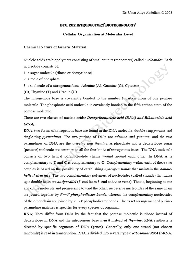 BTG 202 Introductory Biotechnology | PDF | Translation (Biology) | Rna