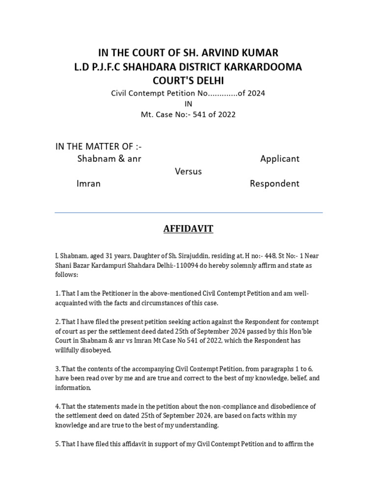 Shabnam Affidavit Civil Contempt Petition | PDF