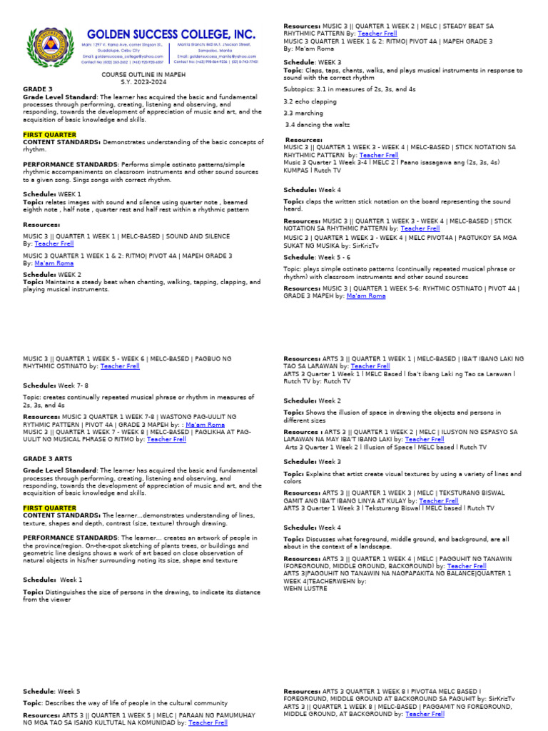 COURSE OUTLINE IN MAPEH 3 Hard Copy 08 18 23 | PDF | Rhythm | Learning