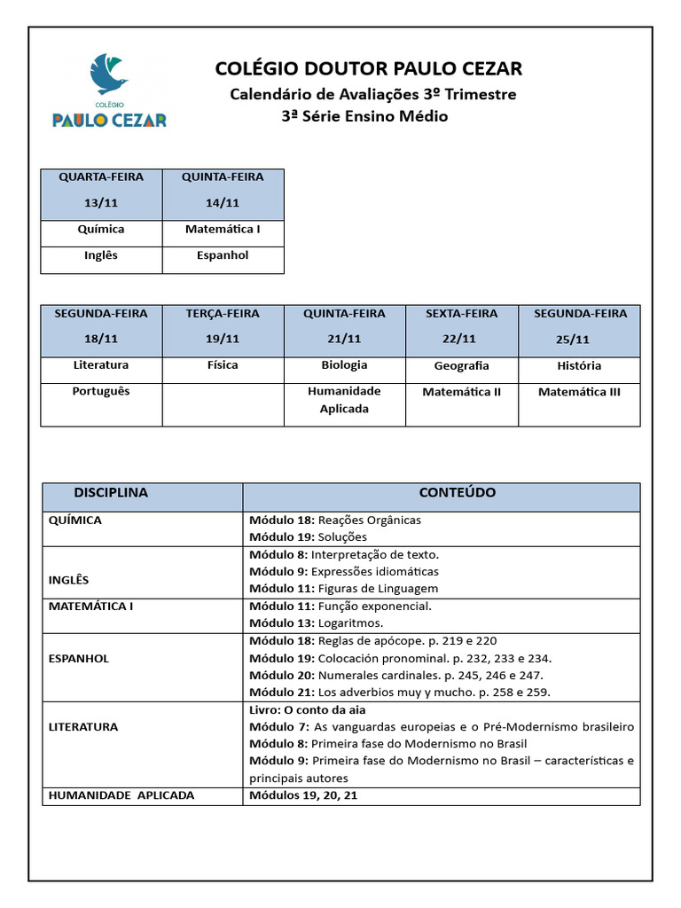 Calend%C3%A1rio avaliativo 3%C2%BA Ano EM - 3%C2%B0 Trimestre | PDF ...