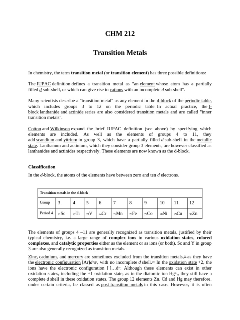 CHM 212 Transition Metals | PDF | Transition Metals | Electron Configuration