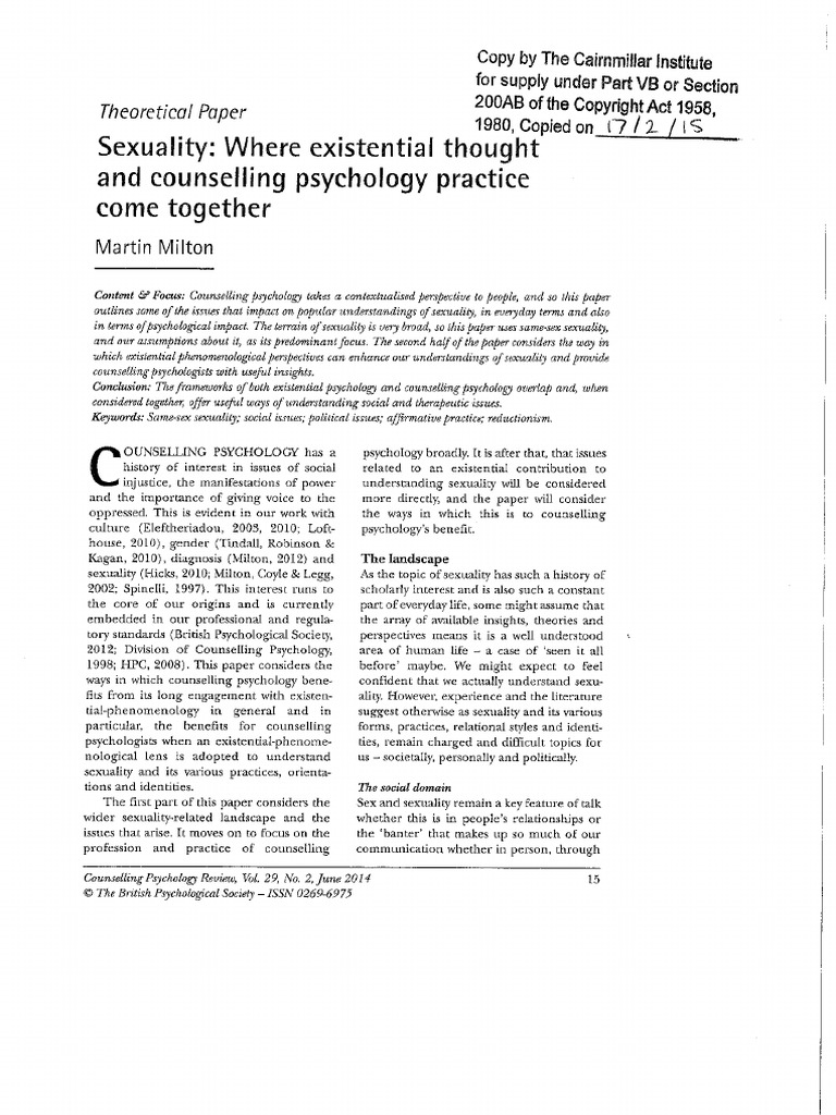 Sexuality - Where Existential Thought and Counselling Psychology Practice Come Together | PDF
