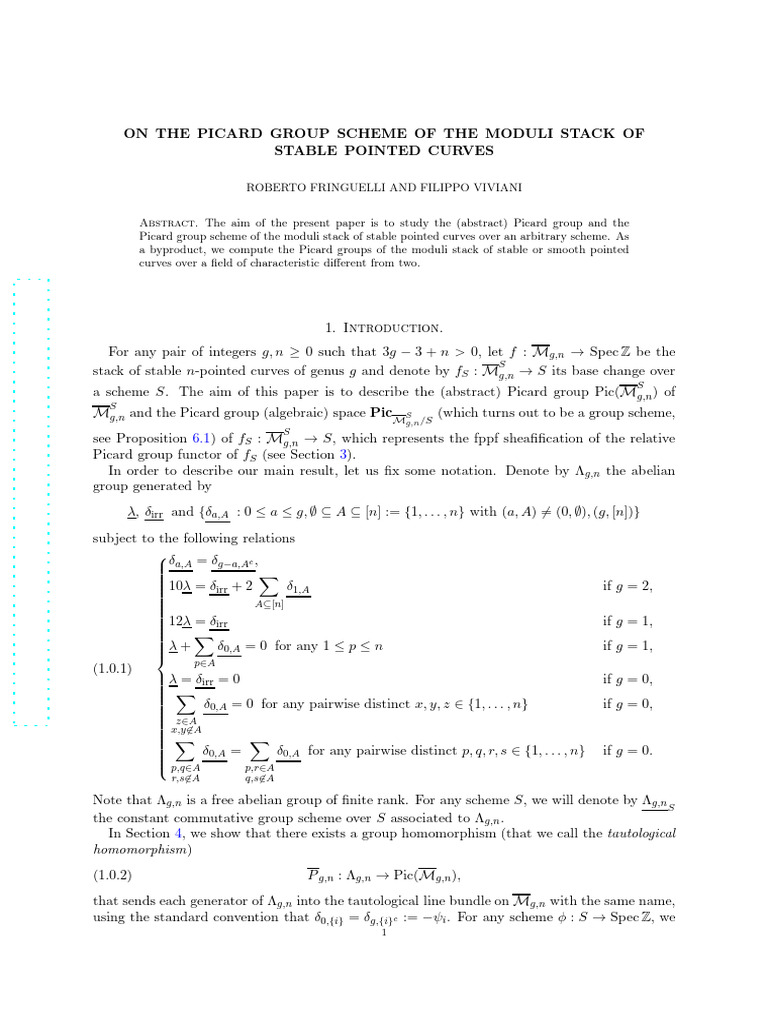 On The Picard Group Scheme of The Moduli Stack of Stable Pointed Curves | PDF | Field ...