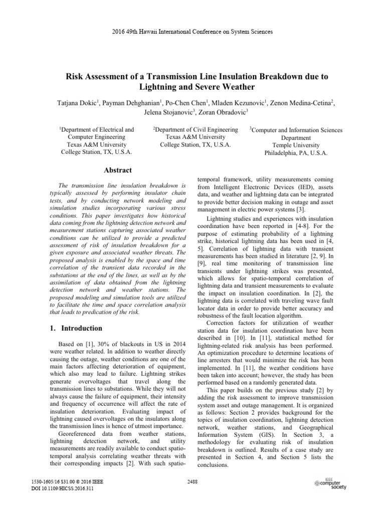 Risk Assessment of A Transmission Line Insulation Breakdown Due To Lightning and Severe Weather ...