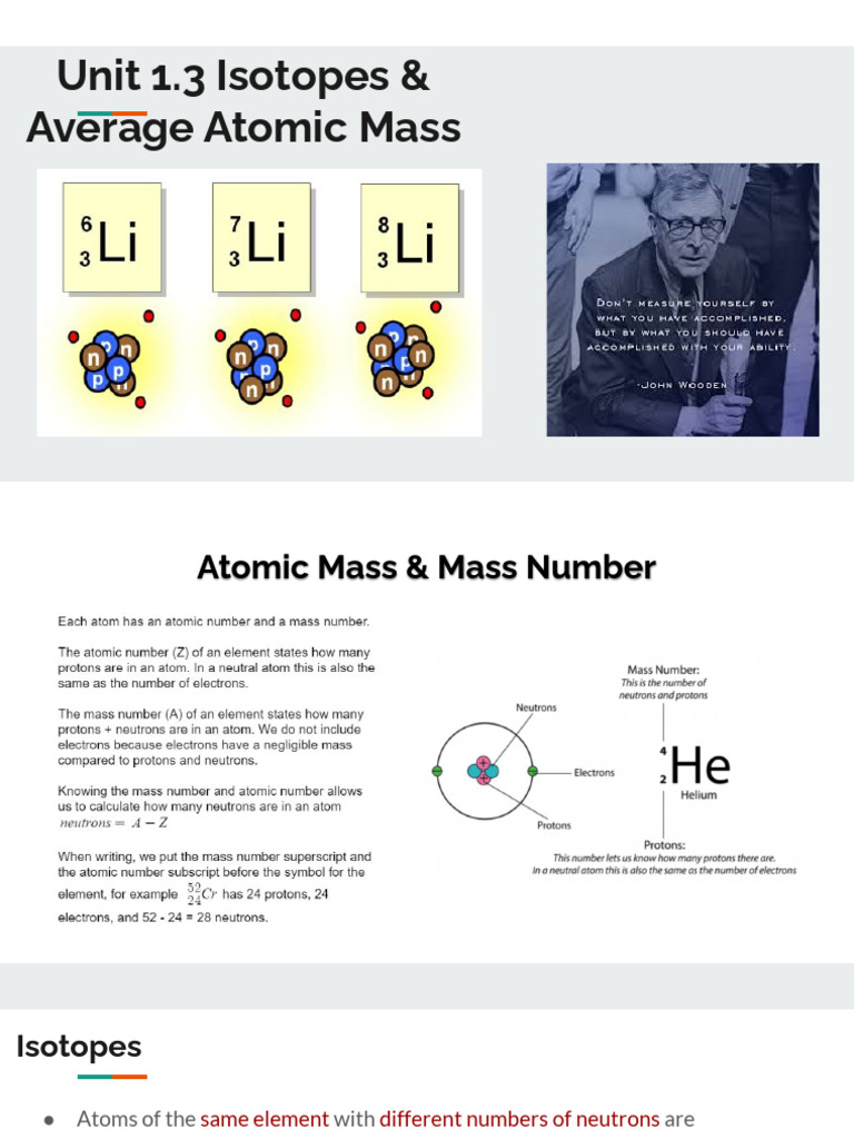 1.3 Slides - Isotopes, Average Atomic Mass | PDF | Isotope | Atoms