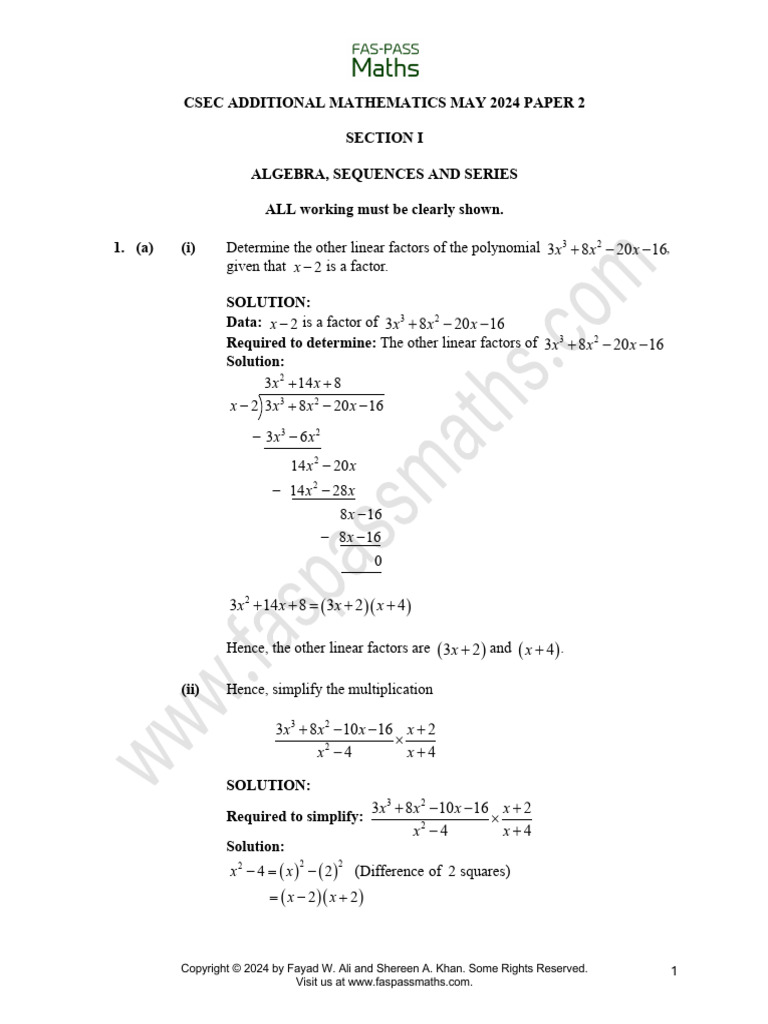 CSEC Add Maths 2024 June Past Paper Solutions | PDF | Algorithms ...