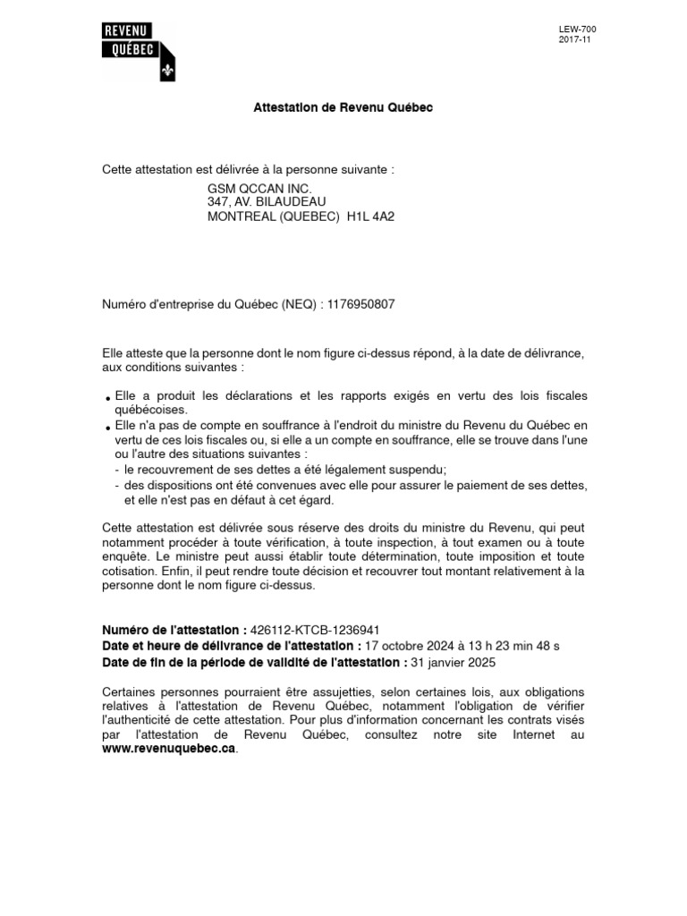 Attestation de Revenu Québec 2024-10-17 | PDF | Finance et gestion ...