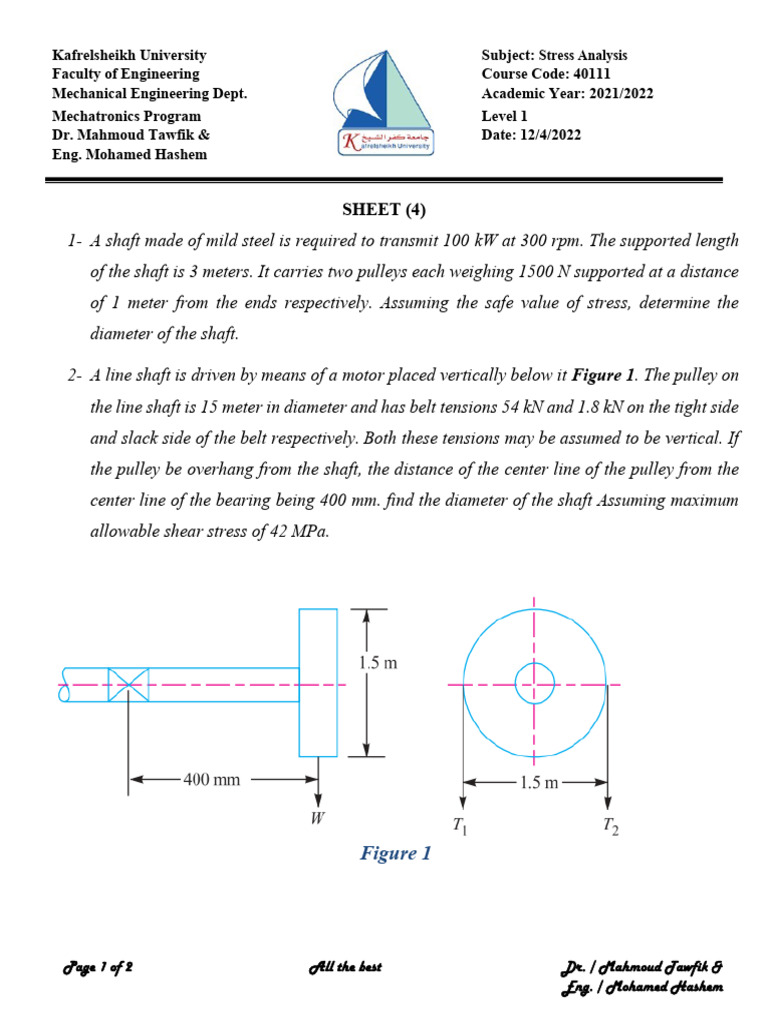Stress Analysis Sheet (4) Shafts Design | PDF | Belt (Mechanical) | Stress (Mechanics)