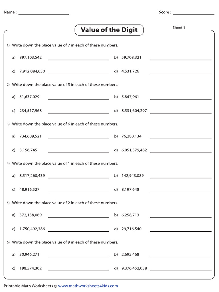 Place Value - Large Numbers - Specified Digit 1 | PDF