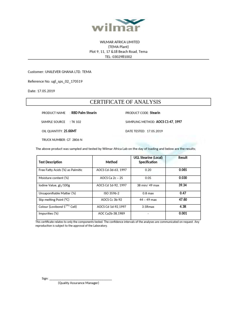 RBD Palm Stearin Analysis Report | PDF | Technology & Engineering