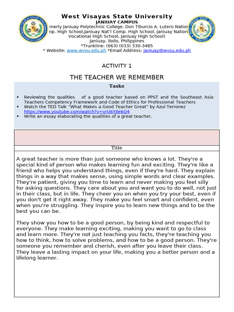 Qualities of a Great Teacher Essay | PDF