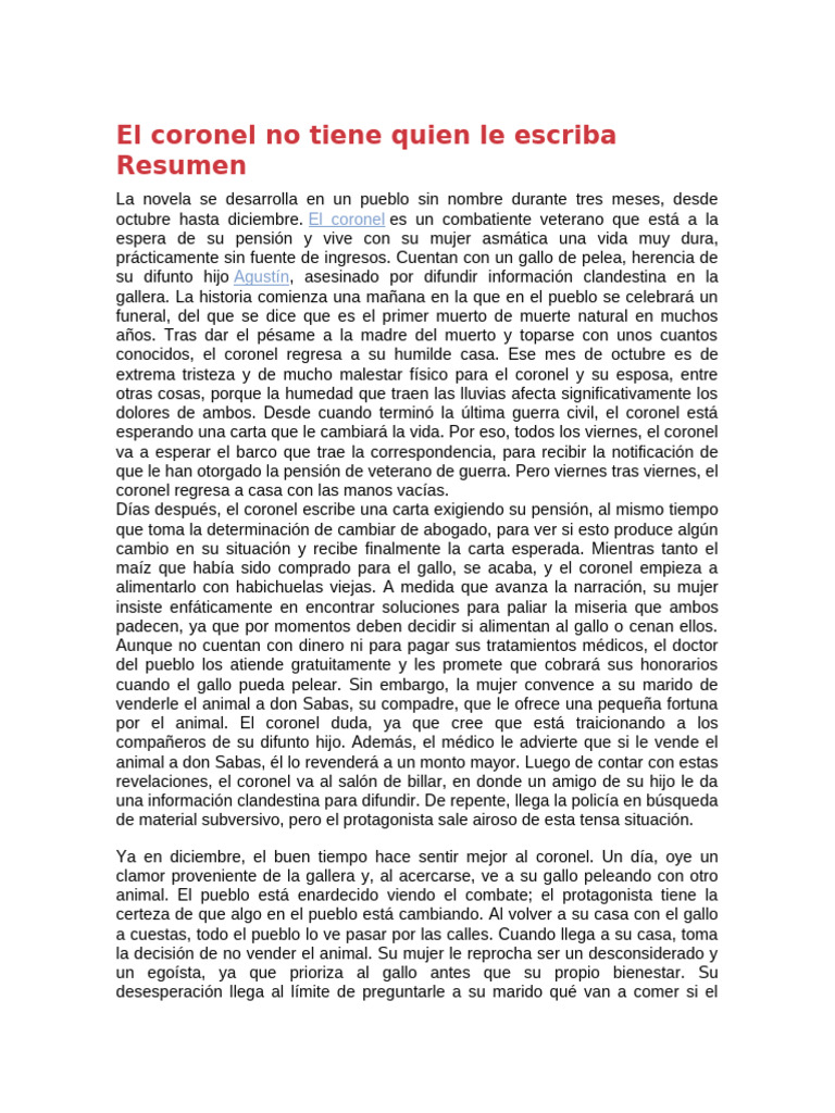 El Coronel No Tiene Quien Le Escriba Resumen | PDF
