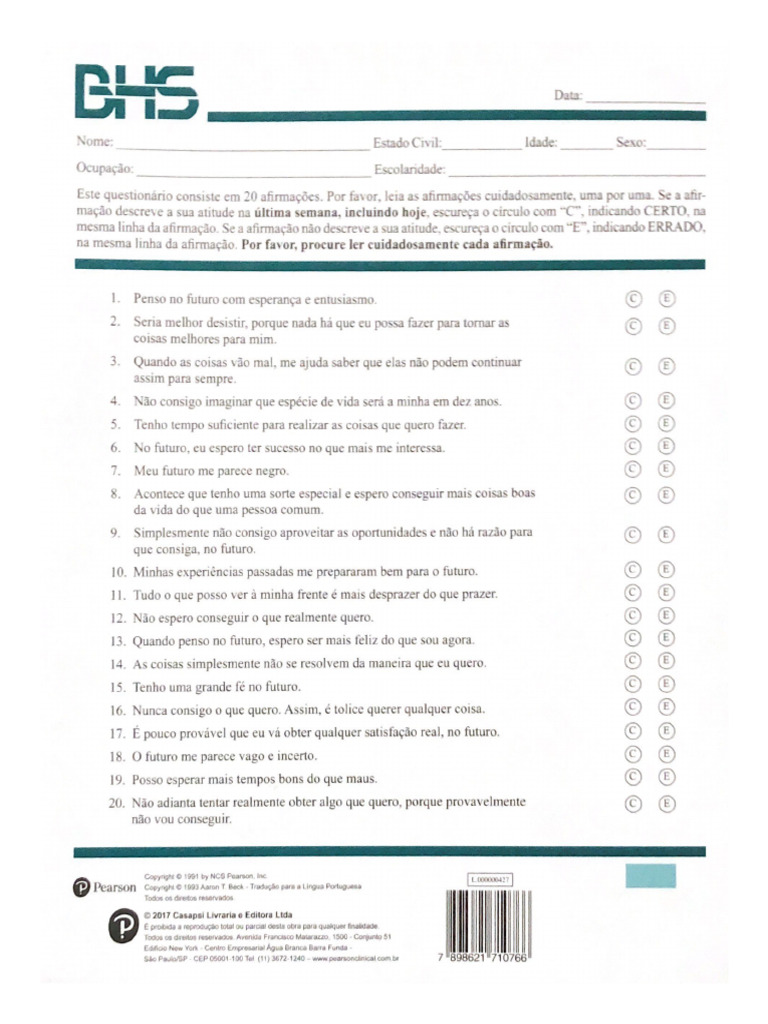 Escala Beck BHS - Protocolo | PDF