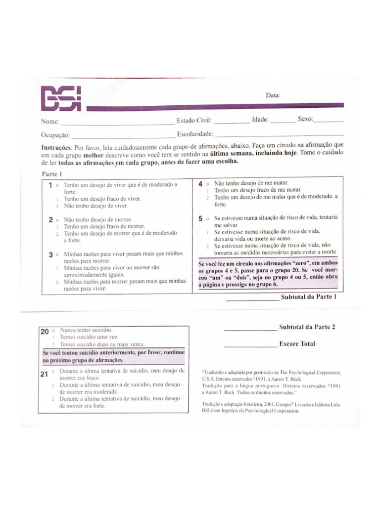 Escala Beck BSI - Protocolo | PDF
