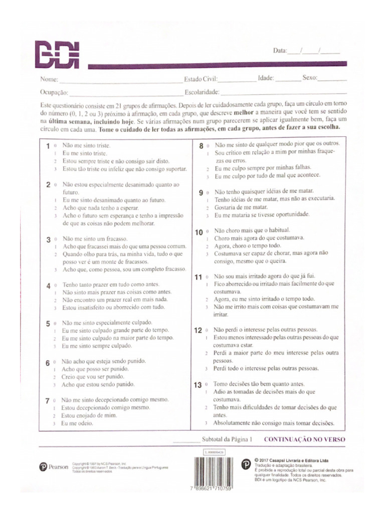 Escala Beck BDI - Protocolo | PDF
