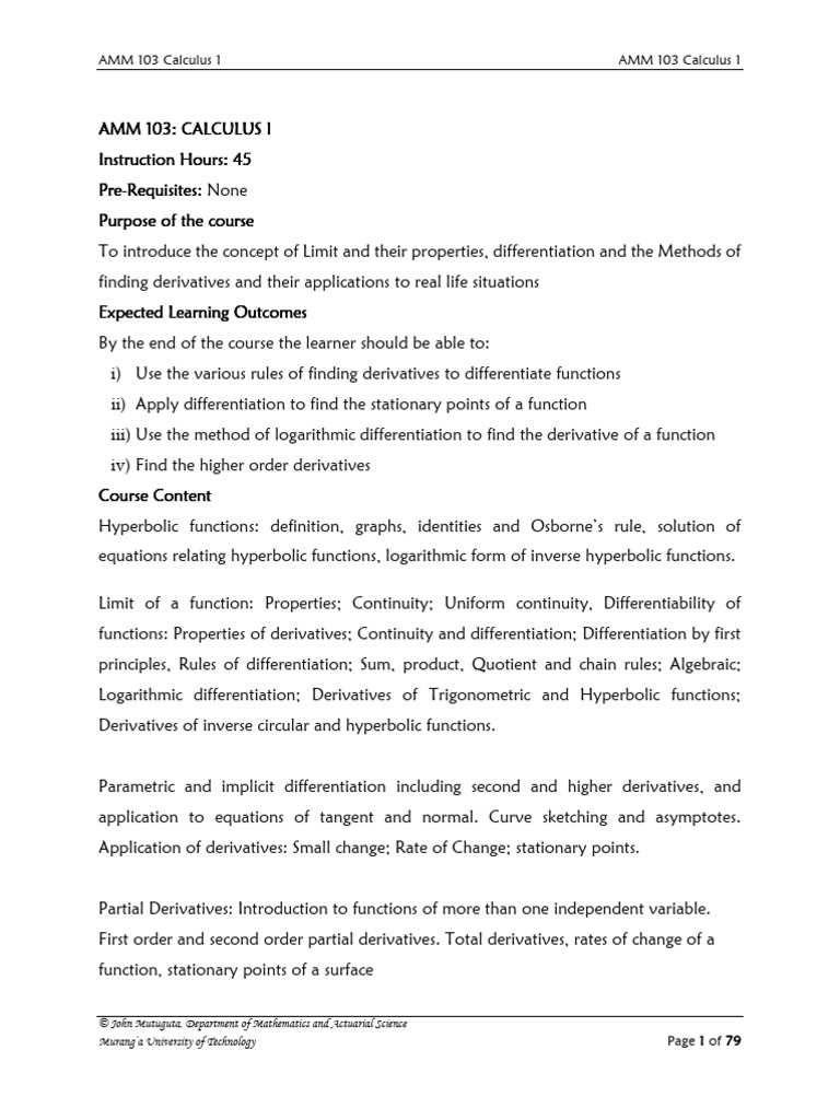 AMM 103 Calculus I (Notes) - 1 | PDF | Derivative | Function (Mathematics)