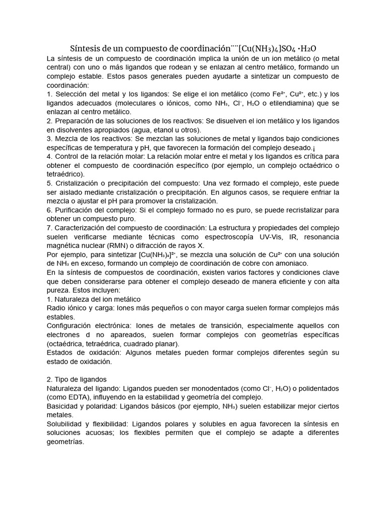Síntesis de [Cu(NH3)4]SO4·H2O | PDF | Ligando | Redox