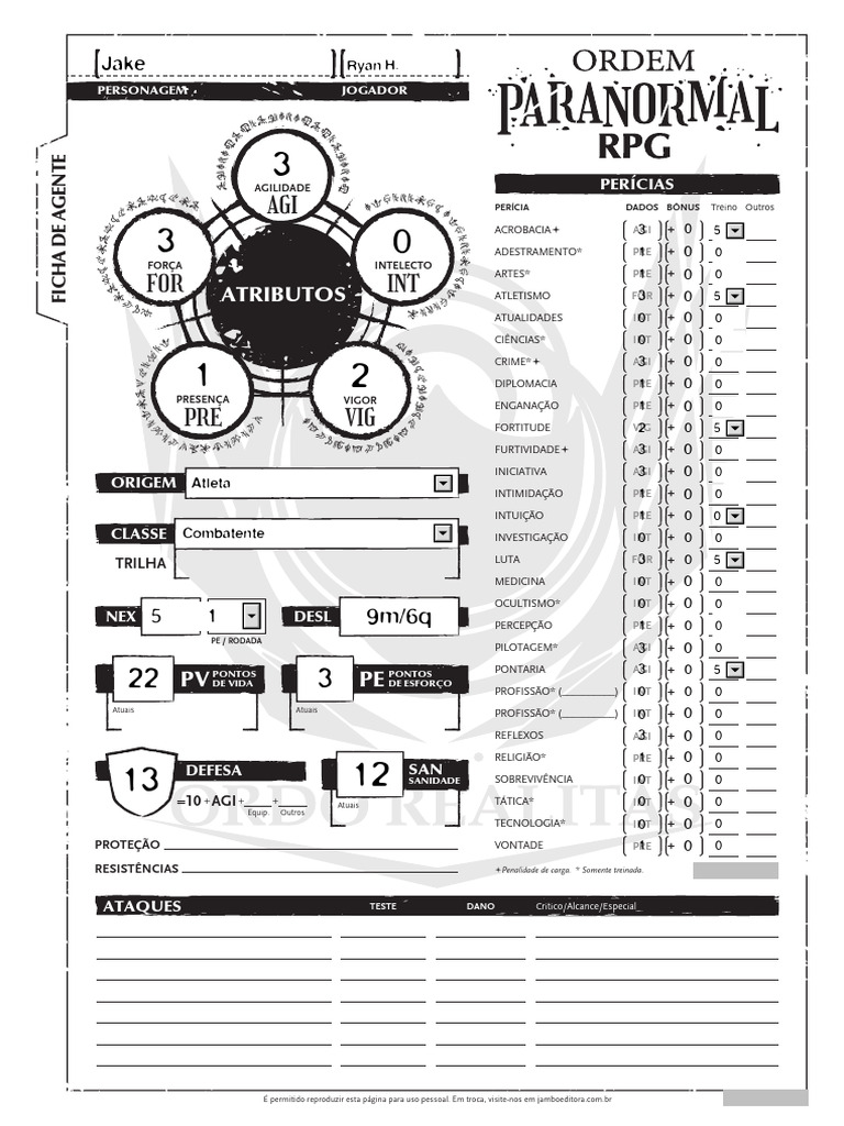Ficha de Agente para Jogos de RPG | PDF
