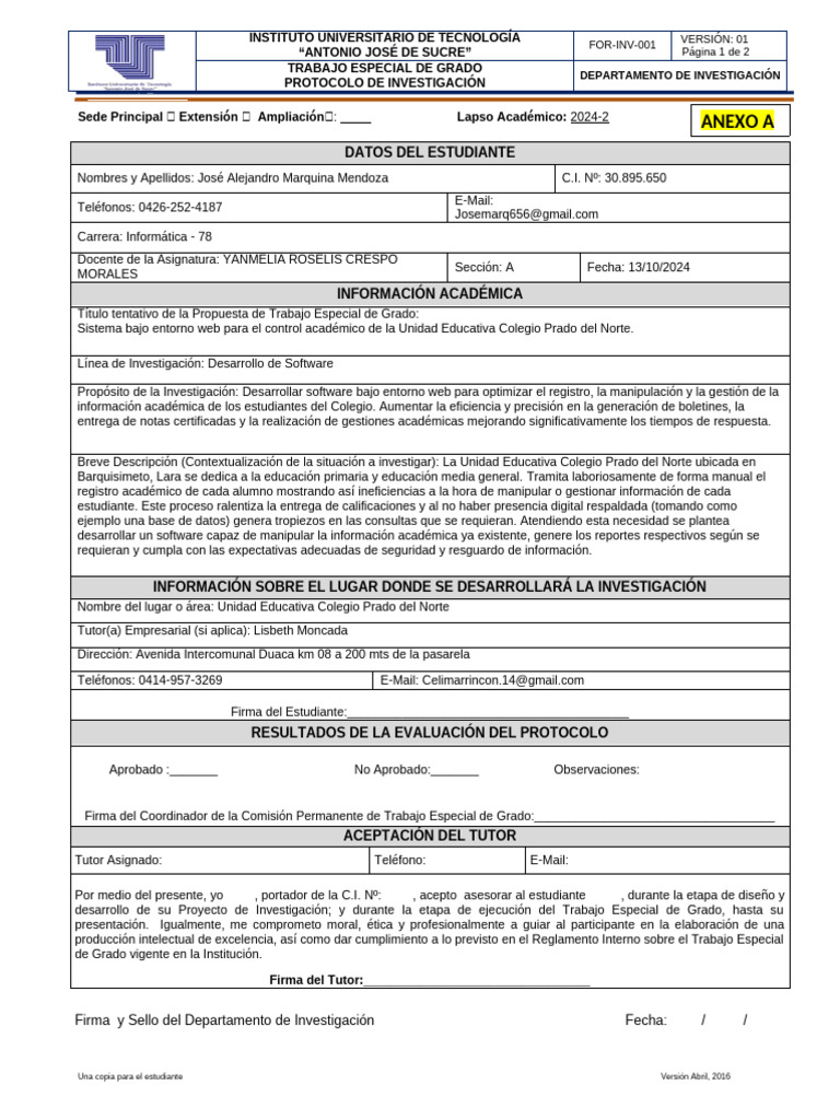 FORMATO INV-001 - Título 1 - José Marquina | PDF | Software | Informática