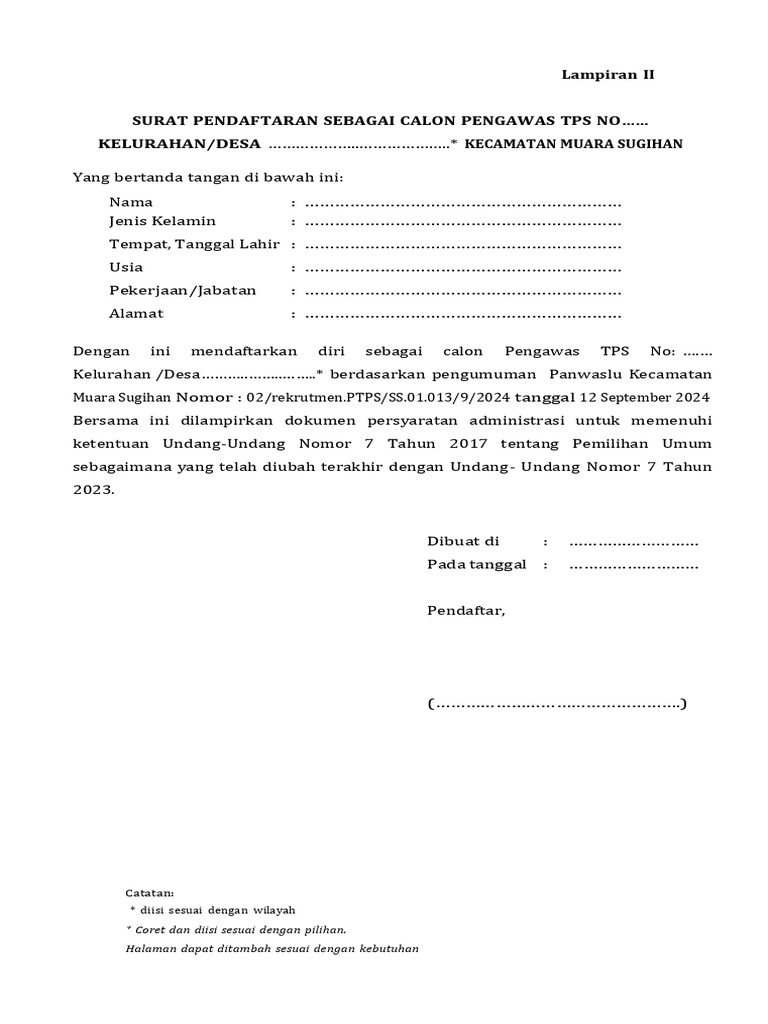 Berkas - Berkas Pendaftaran Calon PTPS 2024 | PDF