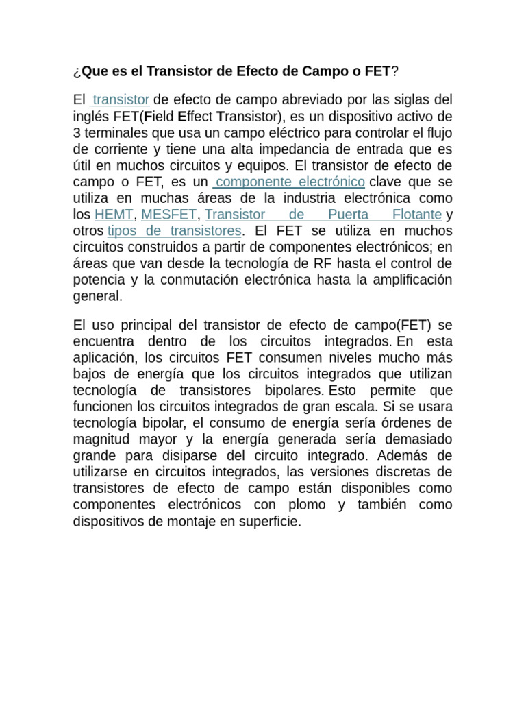 Que Es El Transitor Fet | PDF | Transistor | Transistor de efecto de campo