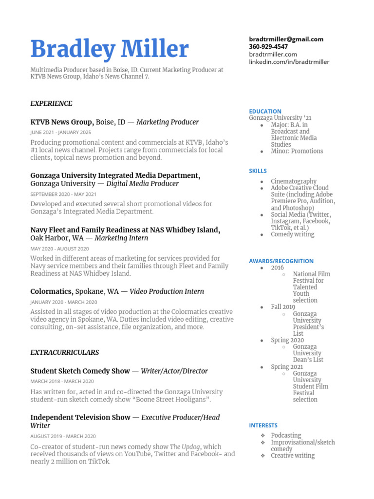 Bradley Miller Nov 2024 Resume | PDF | Mass Media | Entertainment