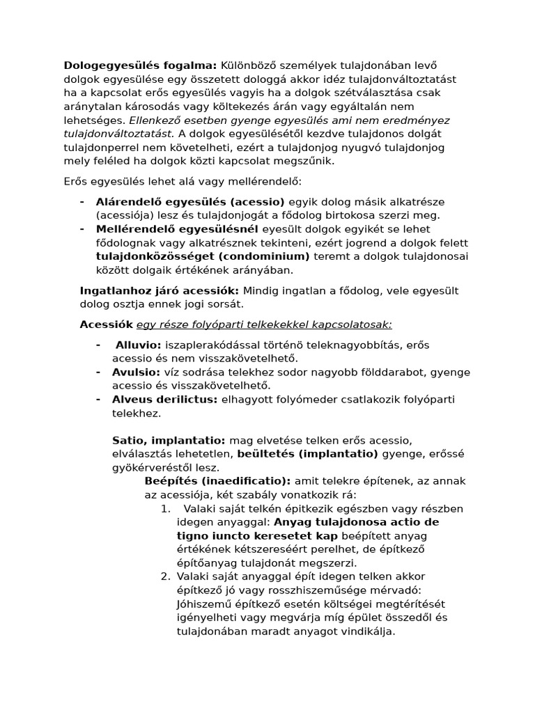Dolgok Alárendelő Egyesülése, Dologegyesülés Fogalma | PDF