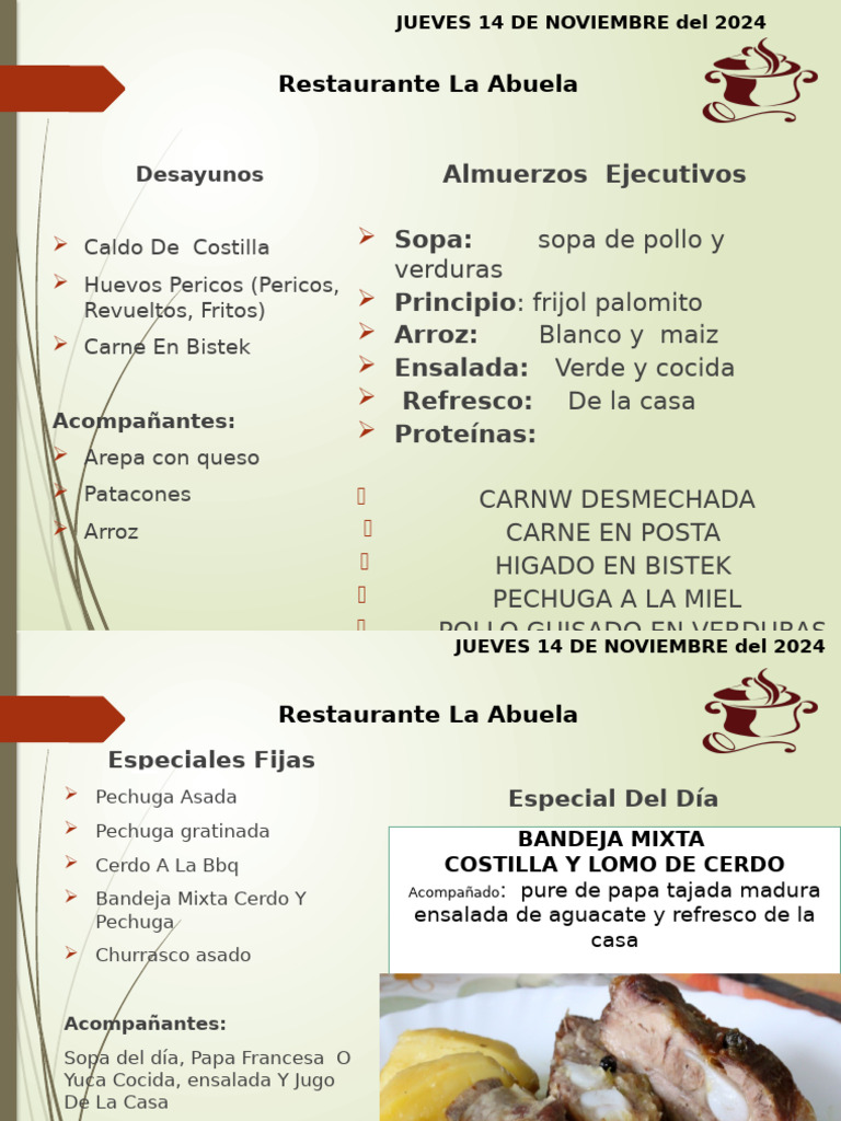 Menu Del Dia Jueves 14 de Noviembre Del 2024) | PDF