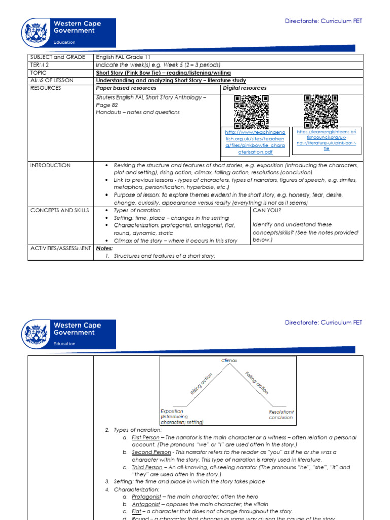 Week 5 FET Lesson Framework - 2020 - FAL GR 11 Short Story | PDF | Narrative | Plot (Narrative)