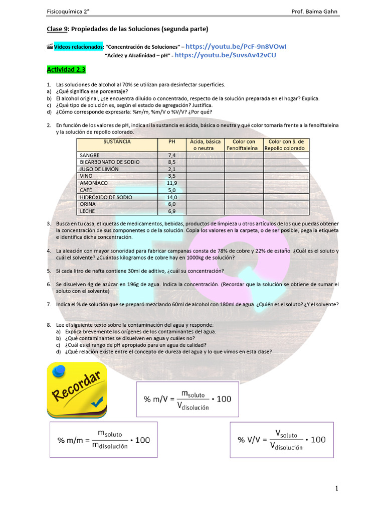 FQ2 Clase 9 Propiedades de Las Soluciones (2) Actividades | PDF | Concentración | Agua