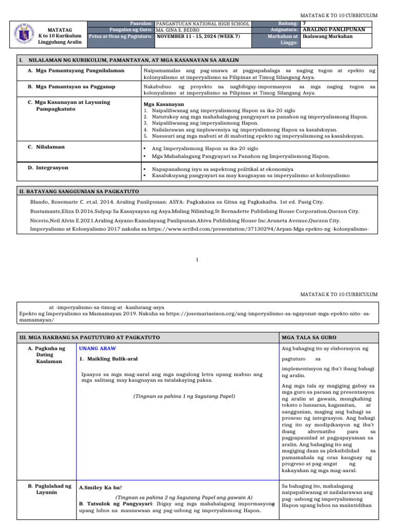 DLL Matatag - Araling Panlipunan 7 Q2 W7 | PDF