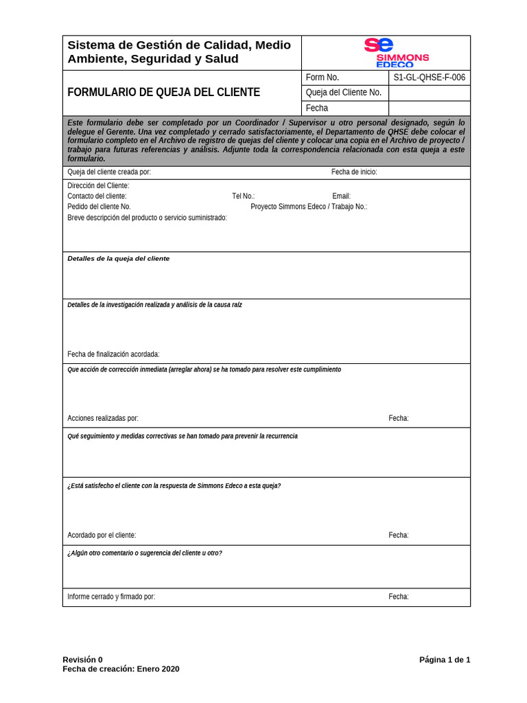 S1-GL-QHSE-F-006 Queja Del Cliente | PDF