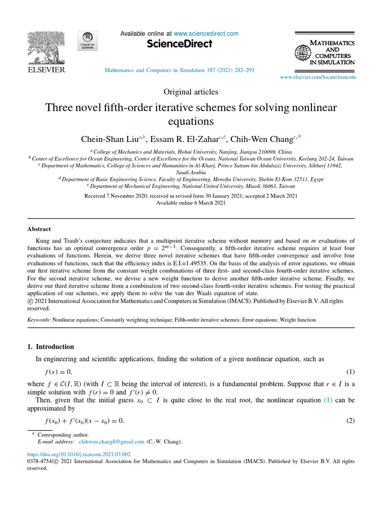 Three Novel Fifth Order Iterative Schemes For Solving Nonlinear Equations Pdf Mathematics