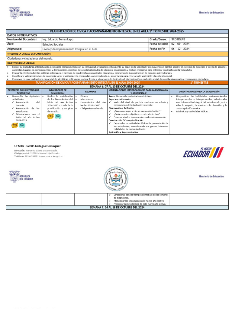 Formato de Civica y Acompañamiento 1º Trimestre 3ro Bgu B | PDF | Evaluación | Sustentabilidad