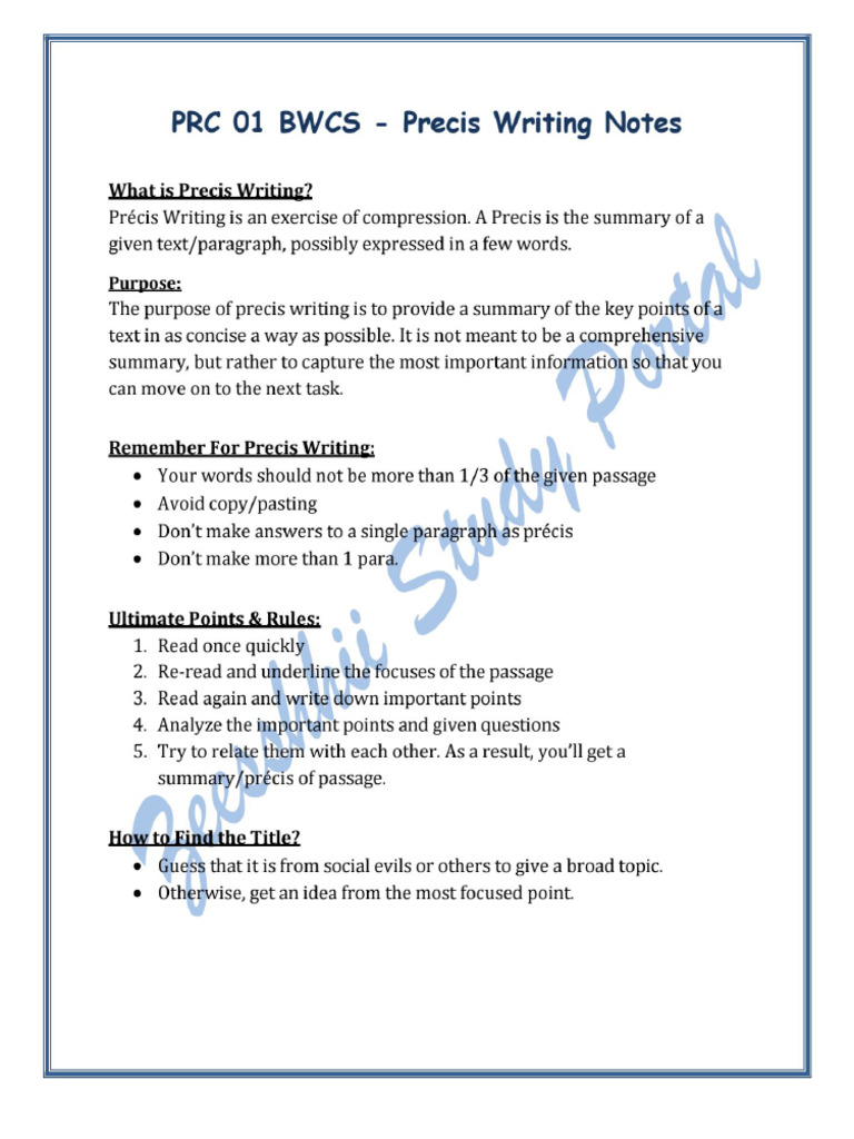 BWCS Precis Writing Notes With Examples by Zeesshhii Study Portal 1 | PDF