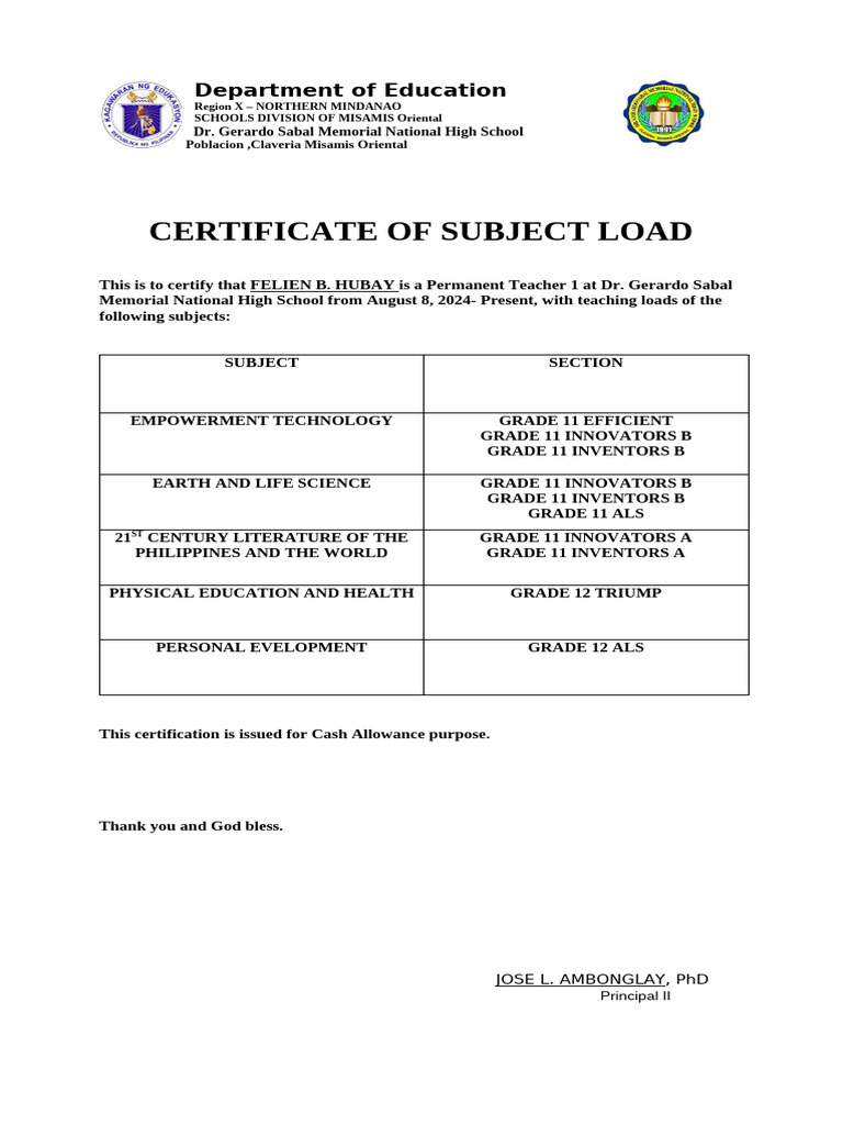 Certificate For Subject Load | PDF