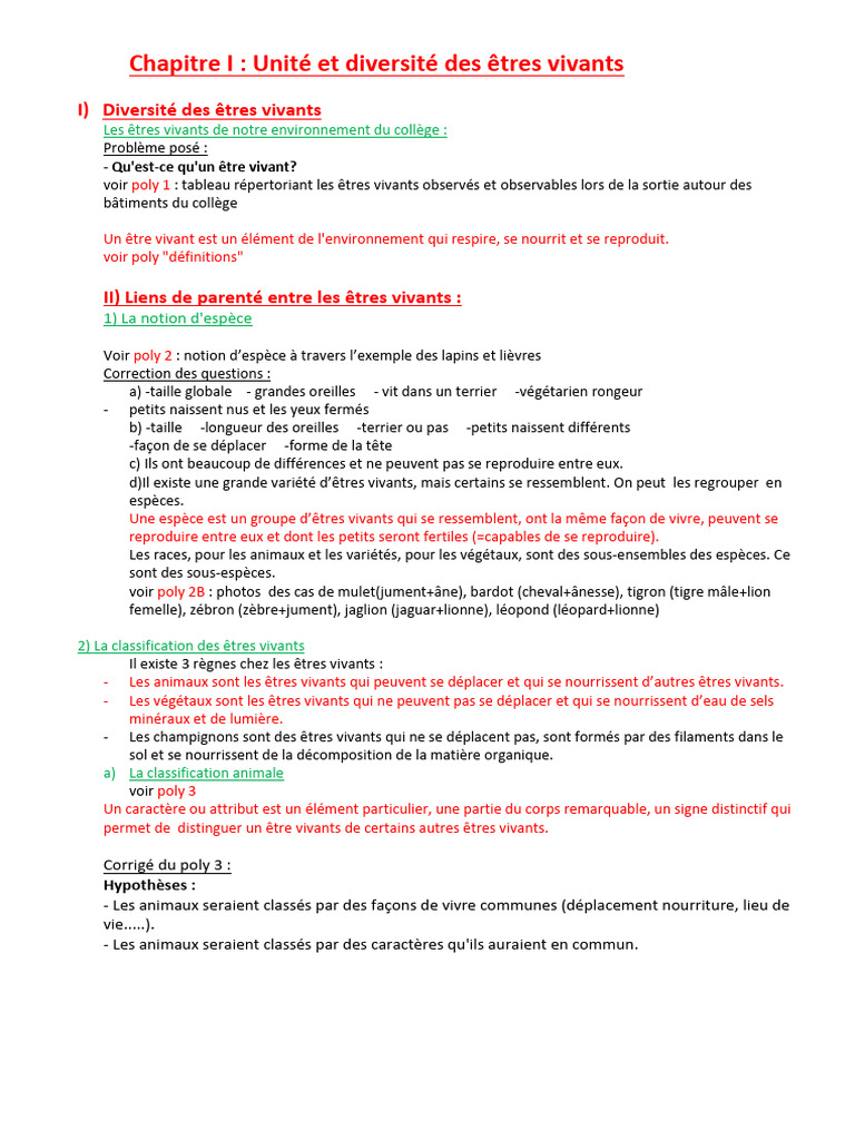 Unité et diversité des êtres vivants 6ème | PDF | Cellule (Biologie ...