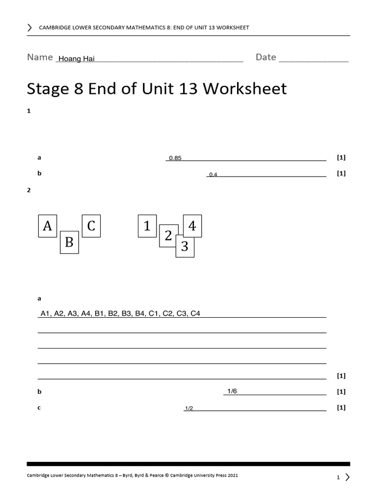 Cambridge Math 8 Unit 13 Worksheet | PDF | Probability | Probability Theory