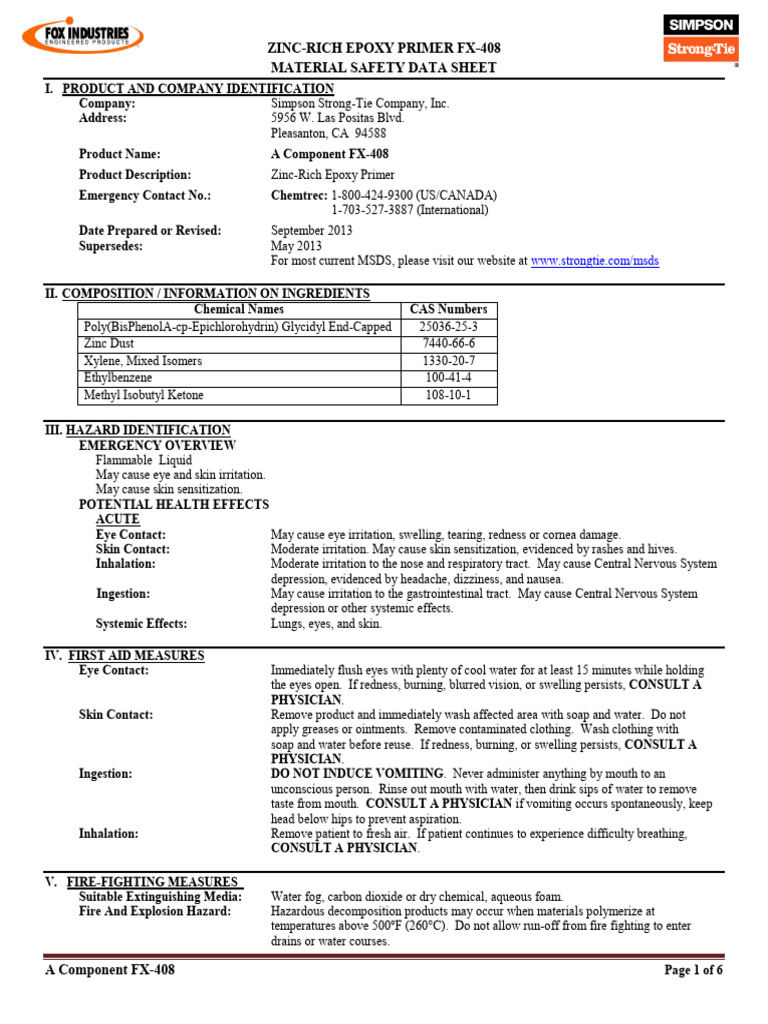 Zinc-Rich Epoxy Primer FX-408 MSDS | PDF | Firefighting | Personal ...