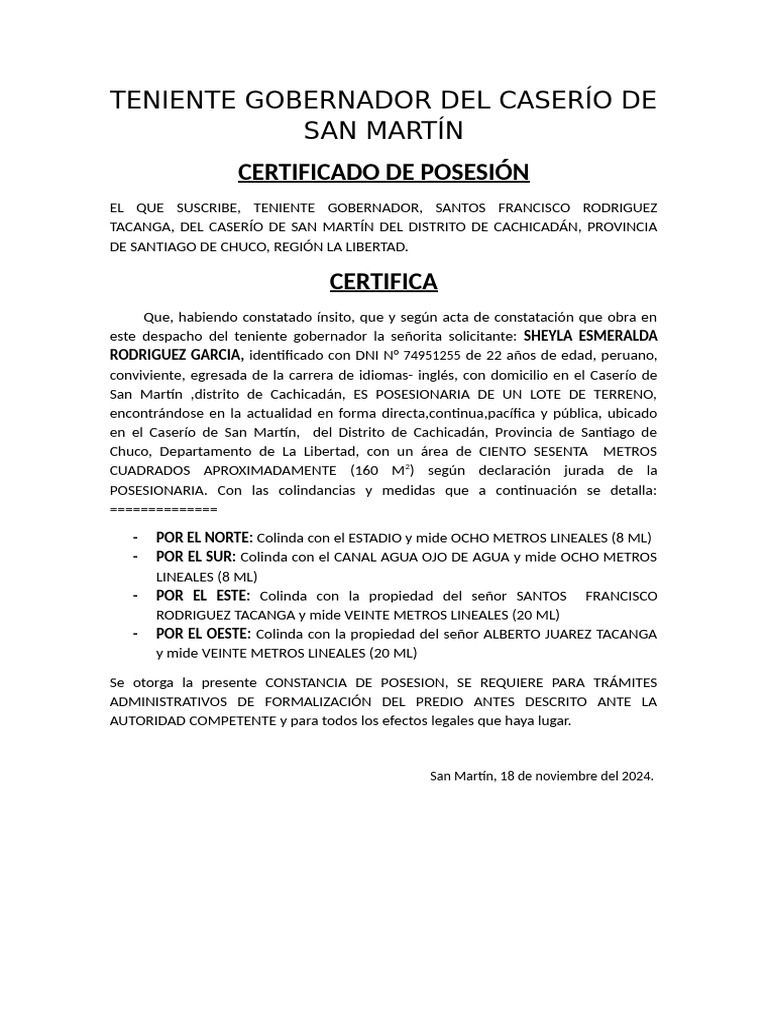 TENIENTE GOBERNADOR DEL CASERÍO DE SAN MARTÍN - Docx SHEY) | PDF ...