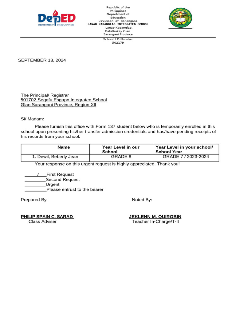 Request Letter Form 137 | PDF